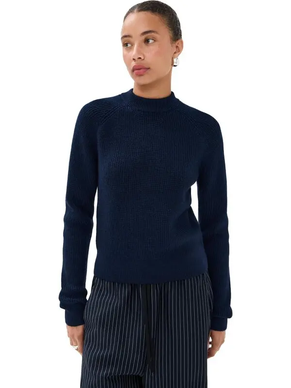 Tibi Cardigan Stitch Wool Shrunken Crewneck - Dark Navy
