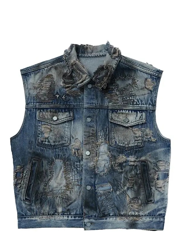 THUG CLUB Hard Washed Damaged Vest - Blue