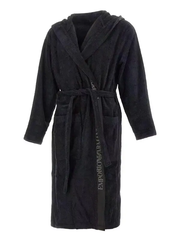 Emporio Armani Logo-trim Hooded Bathrobe - Black