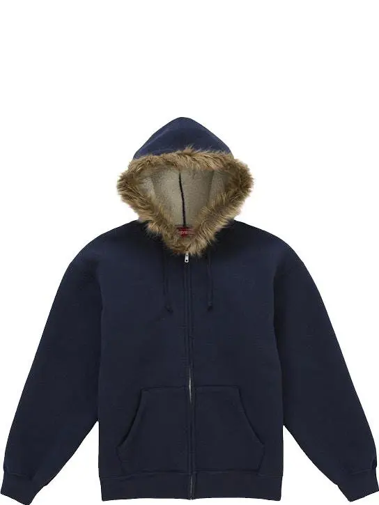 Supreme Faux Fur Zip Up Hooded Sweatshirt - Navy Blue