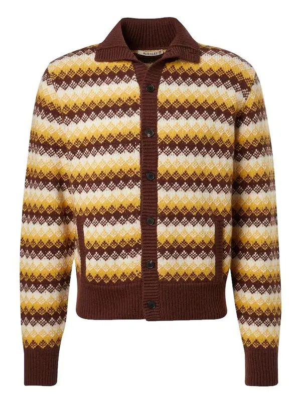 Auralee Cashmere And Wool Jacquard Cardigan - Yellow