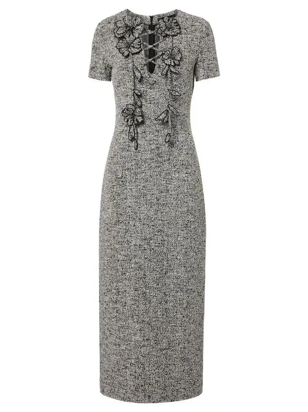 Oscar De La Renta Floral-appliqué Cotton-blend Tweed Midi Dress - Black