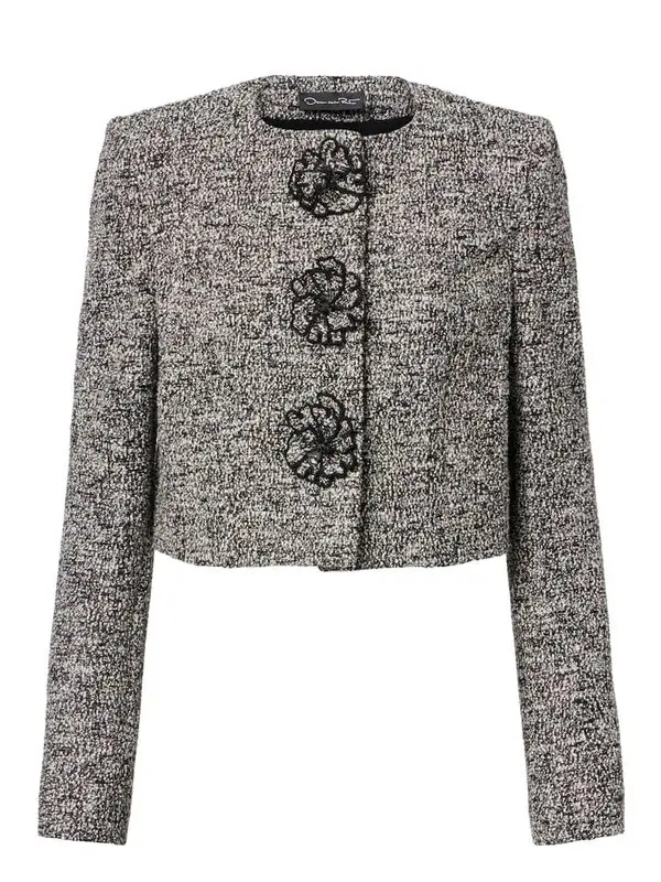 Oscar De La Renta Floral-appliqué Cotton-blend Tweed Jacket - Black