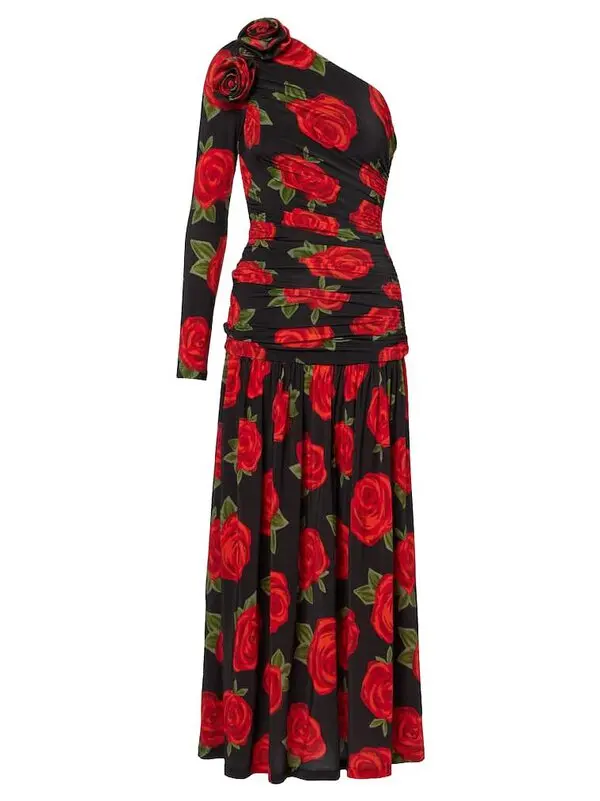 Farm Rio Latin Roses Draped One-shoulder Maxi Dress - Black