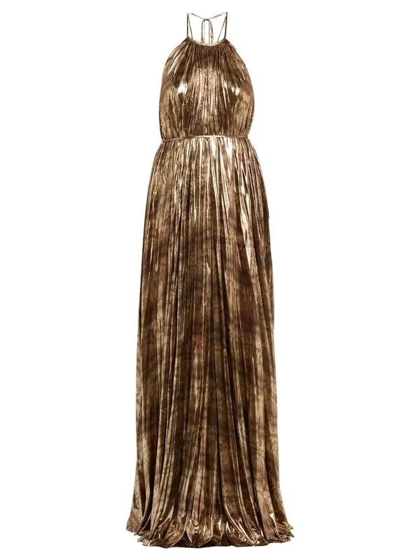 Halston Maxine Pleated Metallic Jersey Halter Gown - Copper