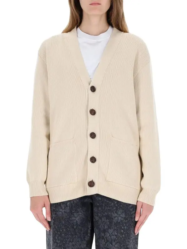 GOLDEN GOOSE Ribbed Cardigan With Front Pockets And Button Detail - Beige