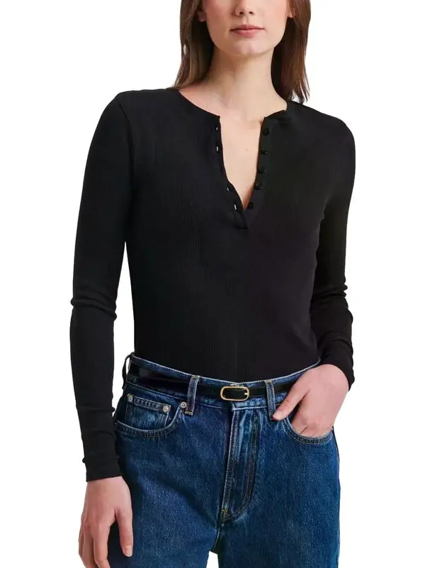 PATRICK ASSARAF Henley Ribbed Top - Black