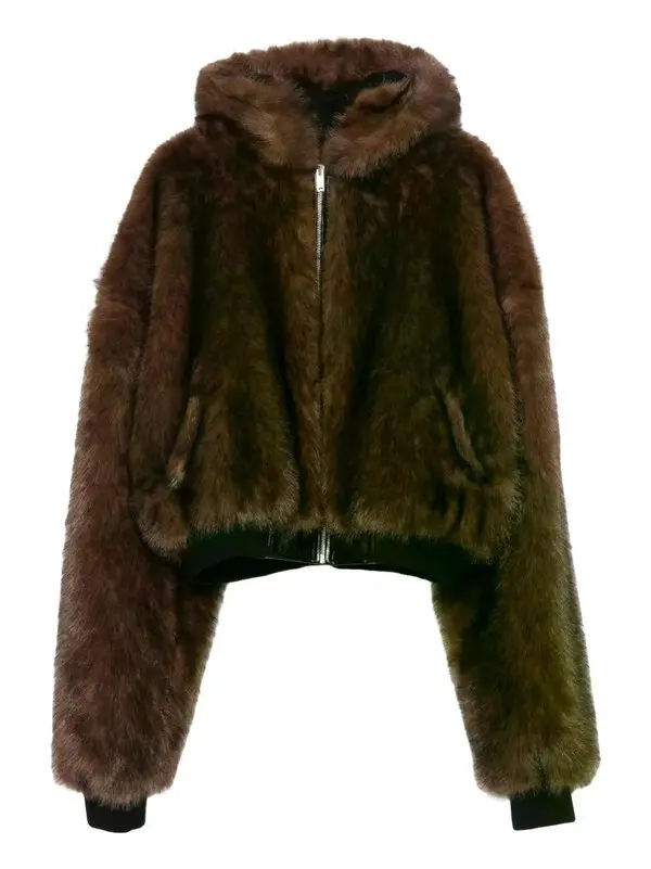 LỰU ĐẠN Hooded Faux-fur Jacket - Brown