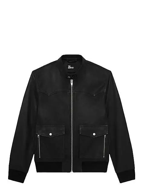 The Kooples Officer-collar Straight-cut Leather Jacket - Black
