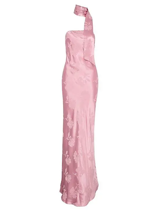 OMNES Floral-jacquard Woven Maxi Dress With Scarf - Vintage Pink