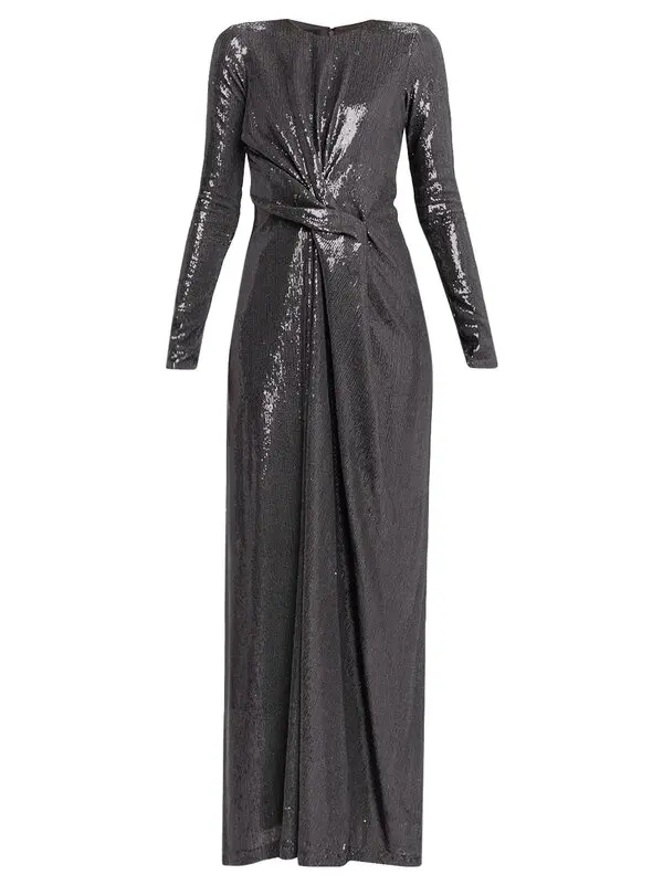 KATE BARTON Long-sleeve Draped Sequin Gown - Charcoal
