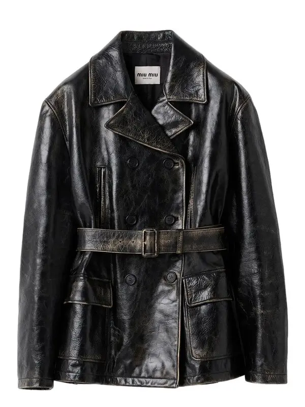 Miu Miu Double-breasted Calf Leather Caban Jacket - Black