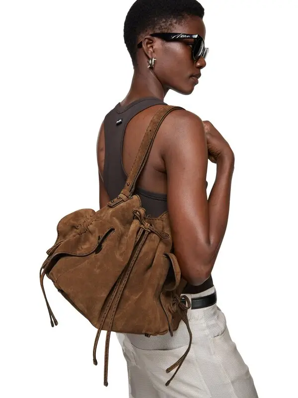Acne Studios Multipocket Suede Bucket Bag - Cognac Brown