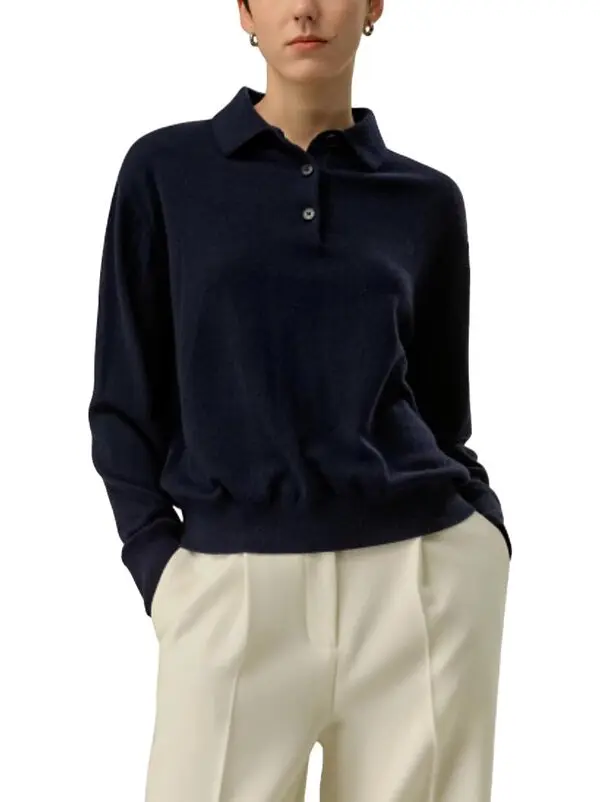 Lilysilk Baby Cashmere Long-sleeve Polo Shirt - Navy Blue