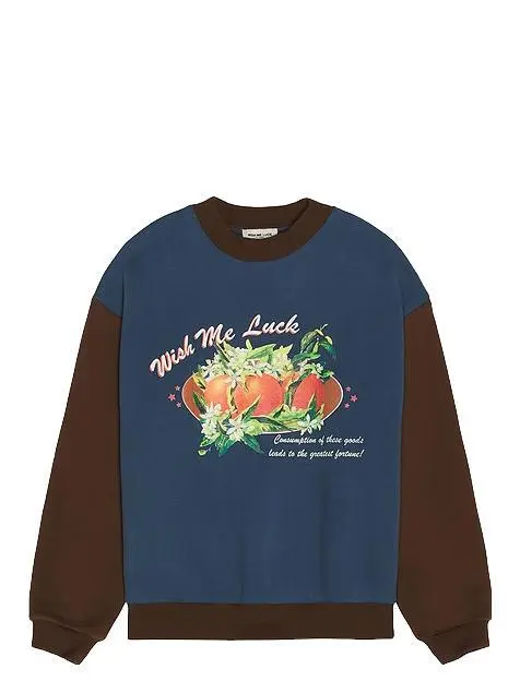 WISH ME LUCK Greatest Fortune Crewneck Sweater - Blue & Brown