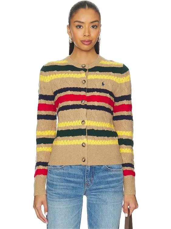 Polo Ralph Lauren Striped Cable Wool Cashmere Cardigan - Collection Camel Melange Multi
