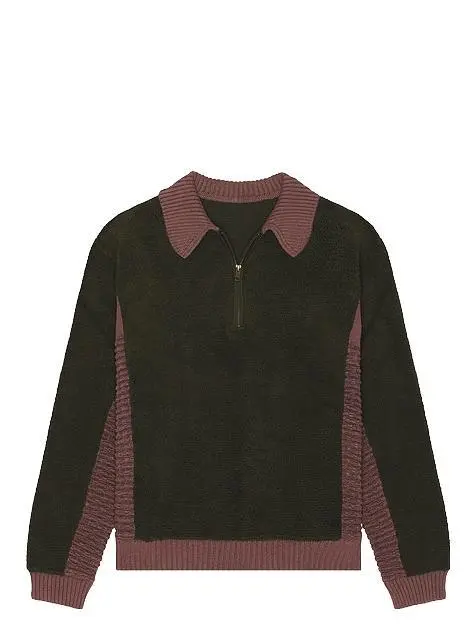 ISA BOULDER Relax Zip Up Polo Sweater - Mauve & Occher Green