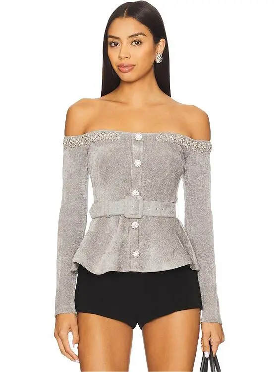 SELF-PORTRAIT Chenille Knit Crystal Trim Top - Grey