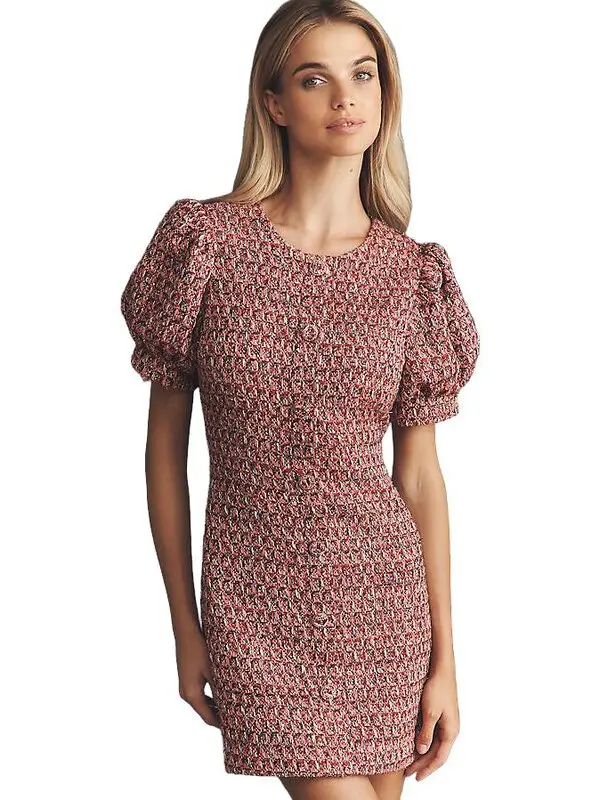 Endless Rose Puff-sleeve Tweed Mini Dress - Pink Pattern
