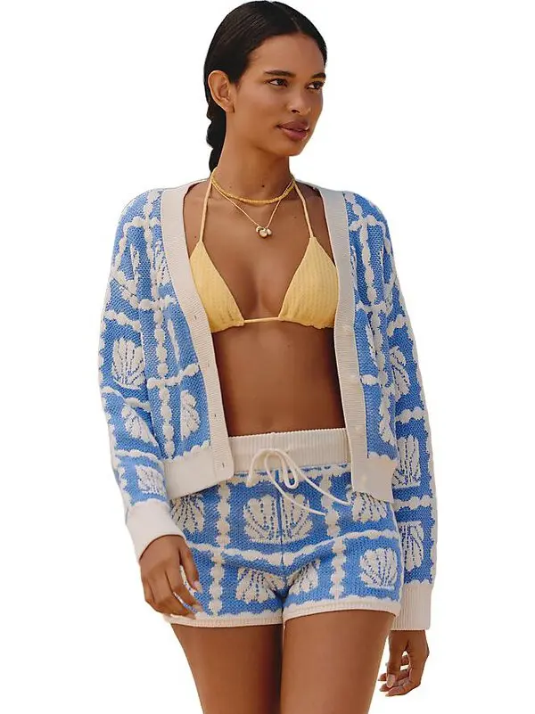 CELANDINE Jacquard Cardigan Sweater - Blue/cream Shell