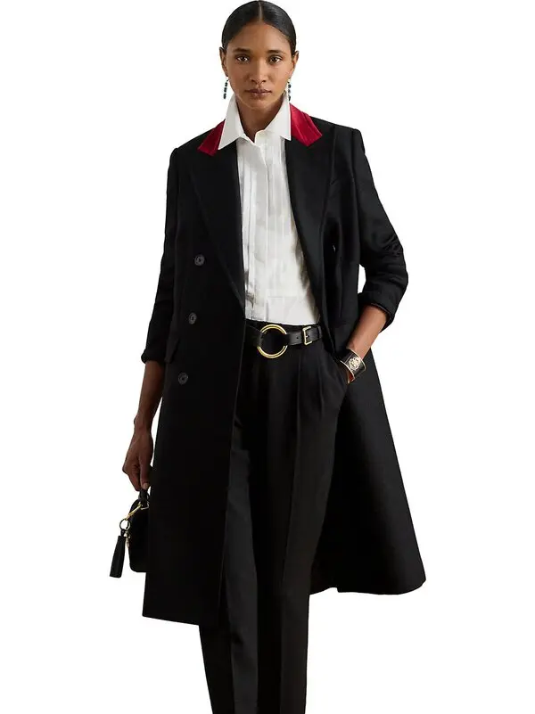 Ralph Lauren Double-breasted Tricotine Coat - Black/lauren Red