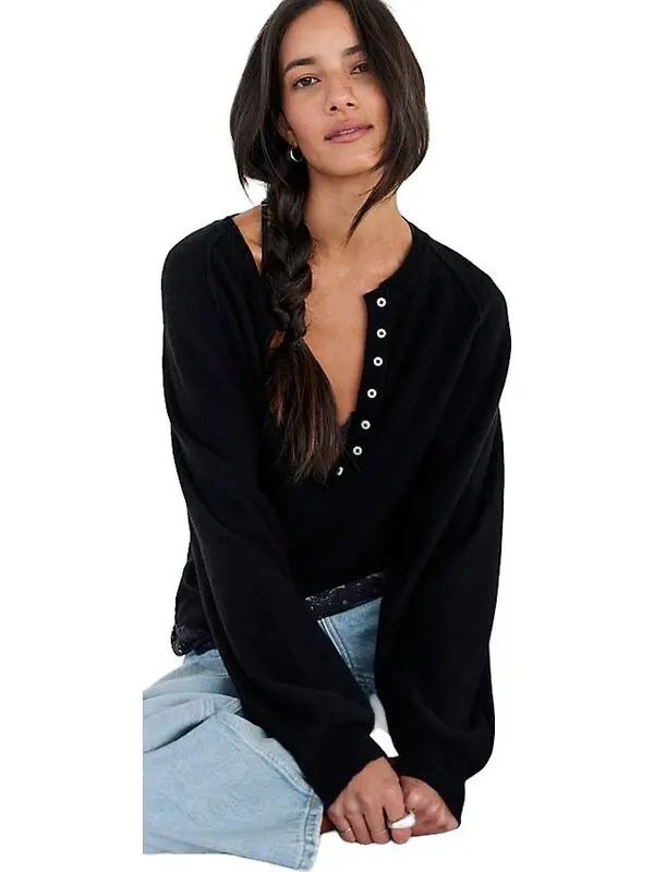 Free People Cashmere Henley Sweater - Black