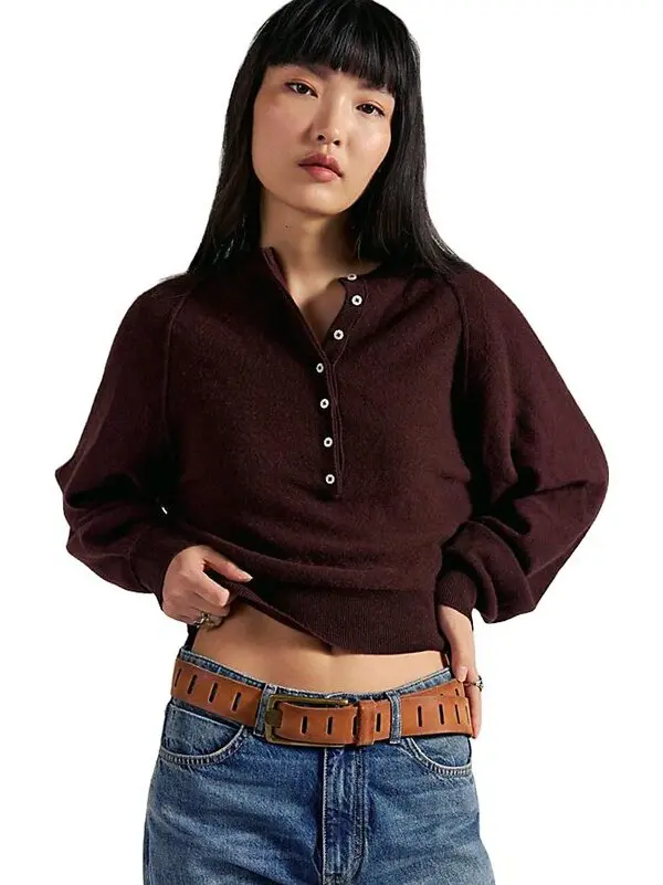 Free People Porta Cashmere Henley Sweater - Chocolate