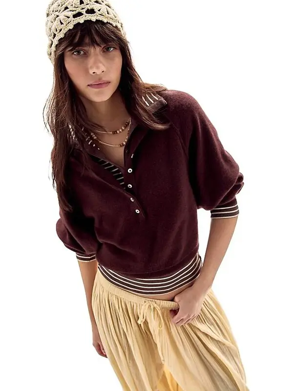Free People Cashmere Henley Sweater With Raglan Sleeves - Chocolate
