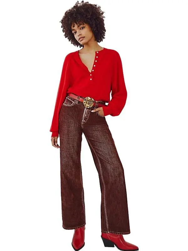 Free People Cashmere Henley Sweater With Raglan Sleeves - Lollipop