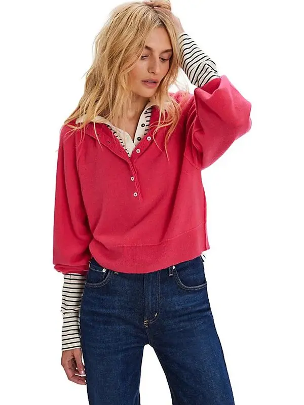 Free People Porta Cashmere Henley Sweater - Watermelon Red