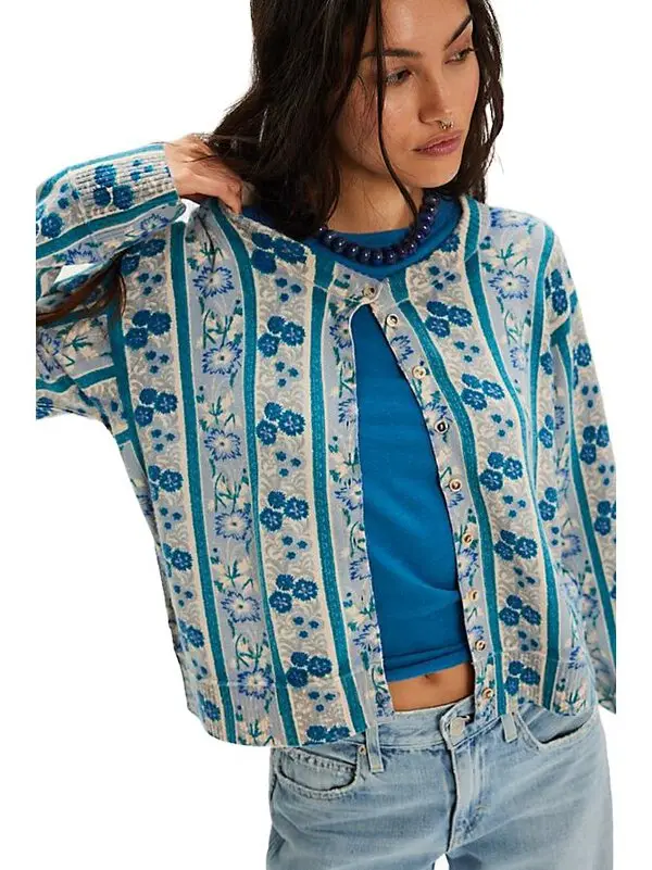 Free People Nocturnal Patterned Cashmere Cardigan - French Blue Combo