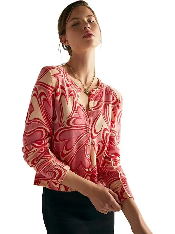 Free People Nocturnal Patterned Cashmere Cardigan - Red Hearts Combo