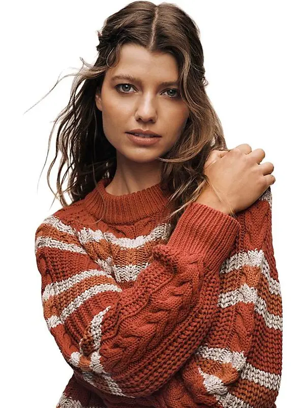 Free People Frankie Striped Cable Knit Sweater - Red Combo