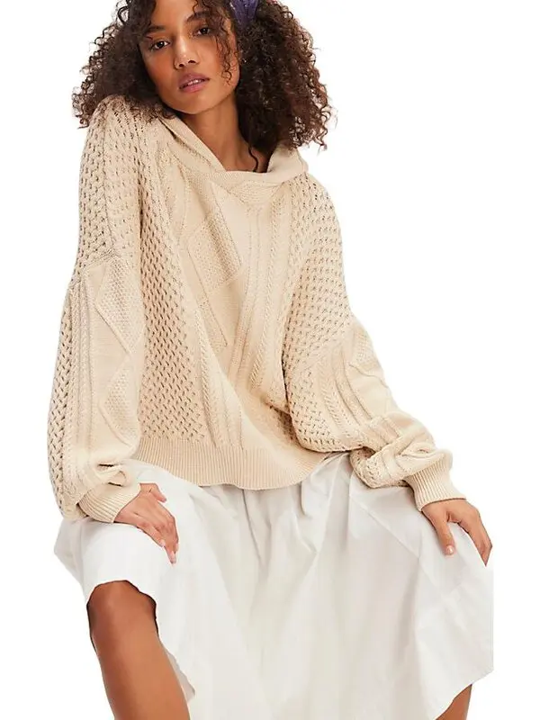 Free People Explorer Cable Knit Hoodie - Macadamia