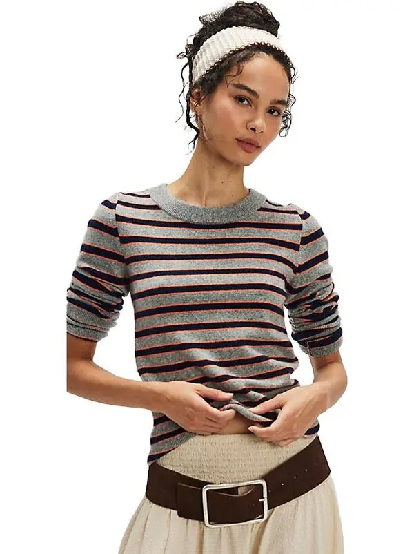 Free People Malibu Striped Cashmere Crewneck Sweater - Grey Combo