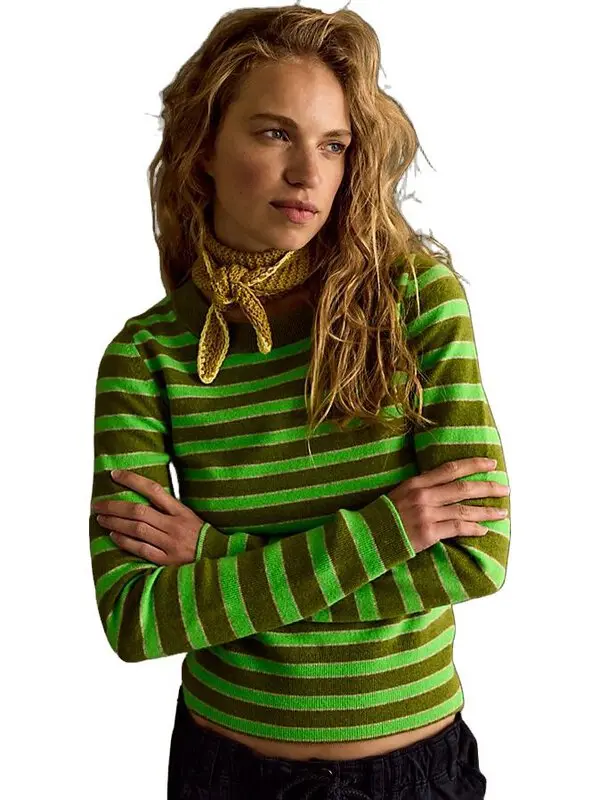 Free People Malibu Striped Cashmere Crewneck Sweater - Lime Combo