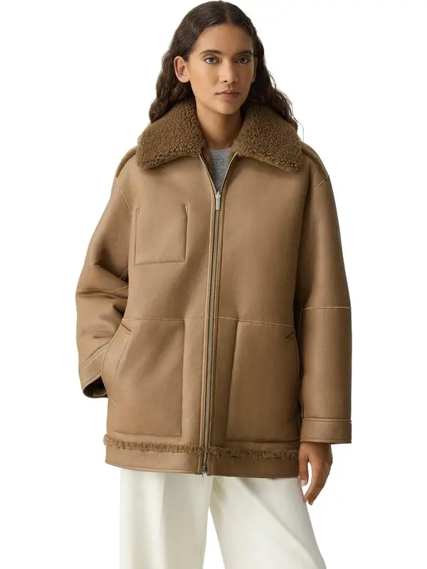 Theory Reversible Shearling Cocoon Coat - Pale Brown