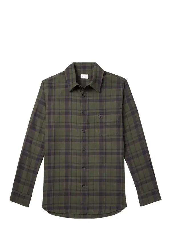 Saint Laurent Logo-embroidered Checked Cotton-twill Shirt - Green