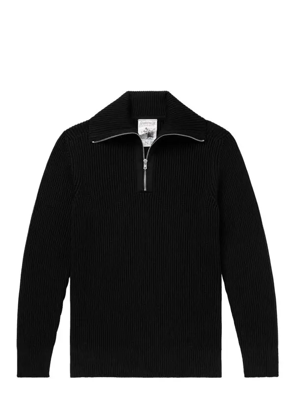S.N.S. HERNING Fender Ribbed Virgin Wool Half-zip Sweater - Black