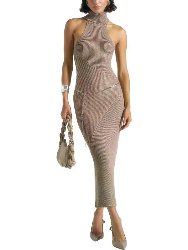 Manière De Voir Halter-neck Ribbed Knitted Midi Dress - Neutrals