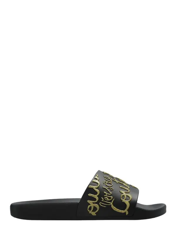 Versace Rubber Slides With Logo And Glitter Finish - Black