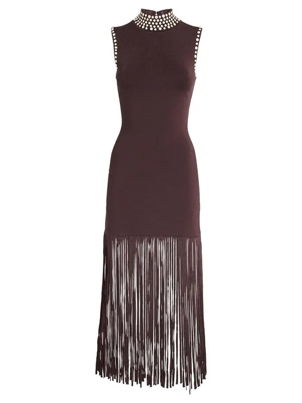 Sandro Embellished Fringe Midi Dress - Brown