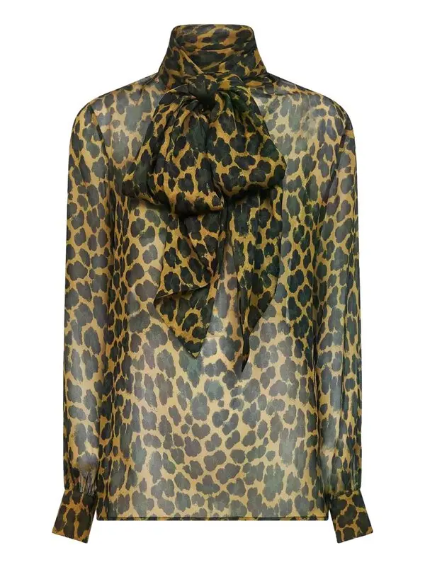 Saint Laurent Lavallière Leopard-print Blouse - Brown