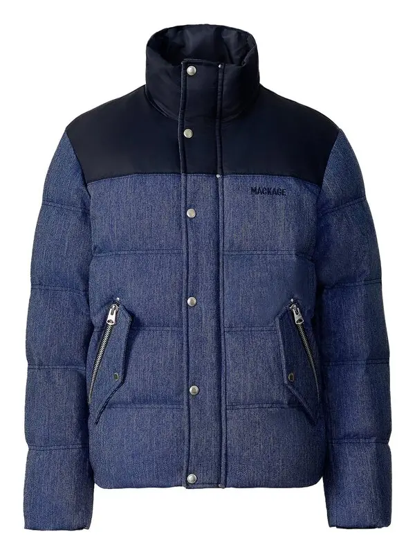 Mackage Down-filled Denim Jacket With Stand Collar - Medium Denim