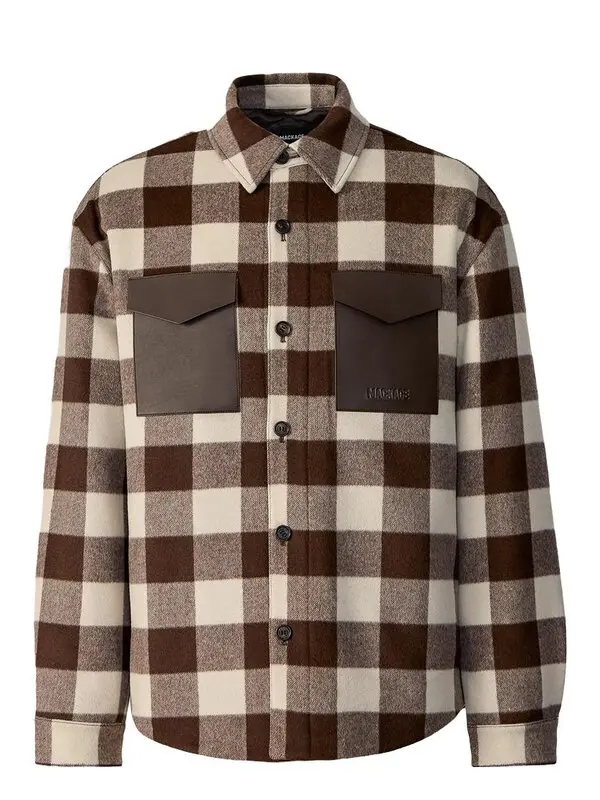 Mackage Ryker-pl Plaid Wool Overshirt With Leather Pocket - Coffee-cream Plaid