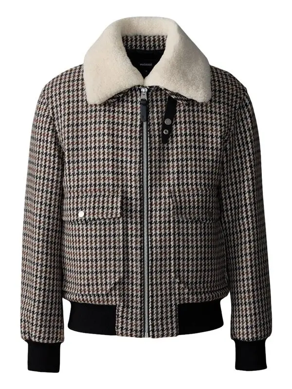 Mackage Rhett-ht Houndstooth Wool Bomber With Shearling Collar - Earth Brown Multi