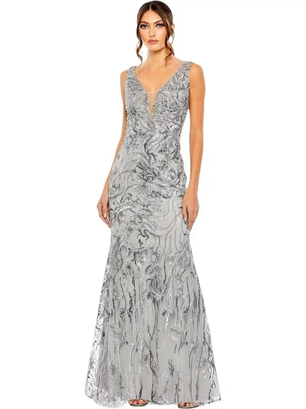 Mac Duggal Sleeveless Embroidered Gown - Charcoal