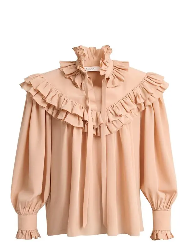 Chloé Silk Habotai Ruffle Blouse - Sand Brown