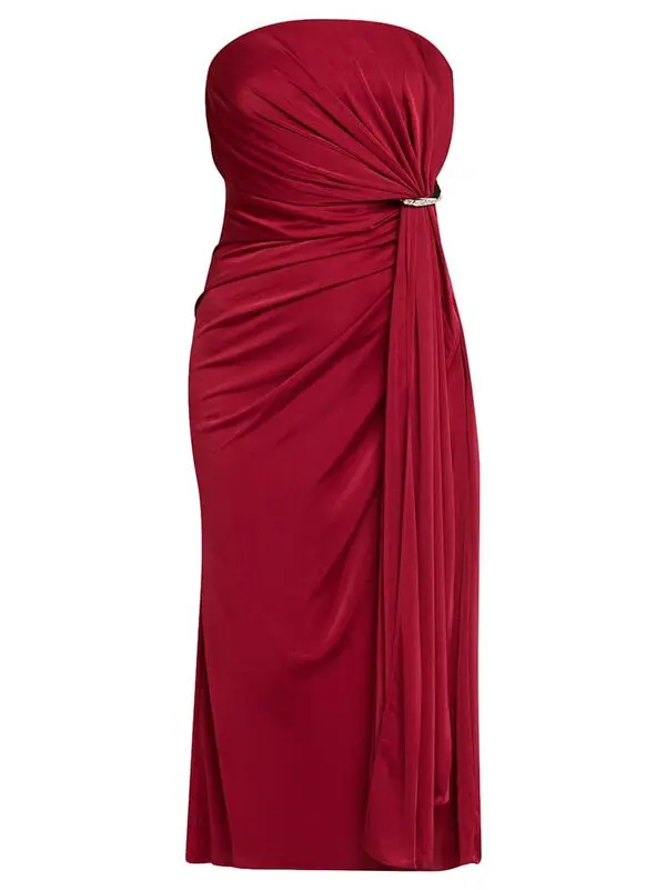 Halston Nadia Strapless Draped Jersey Midi Dress - Ruby