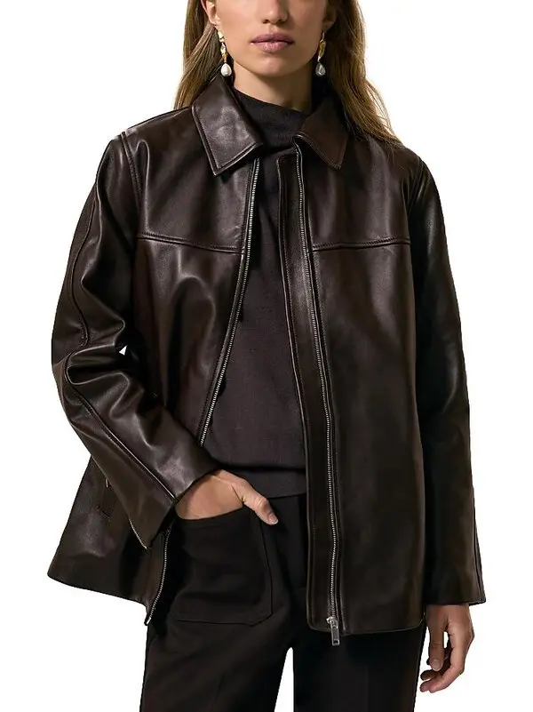 REISS Layla Leather Long Line Jacket - Chocolate